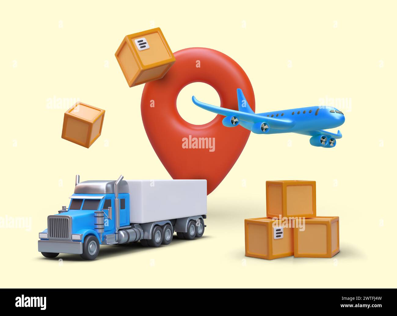 Advertising poster with 3d truck, different parcels and airplane. Fast ...