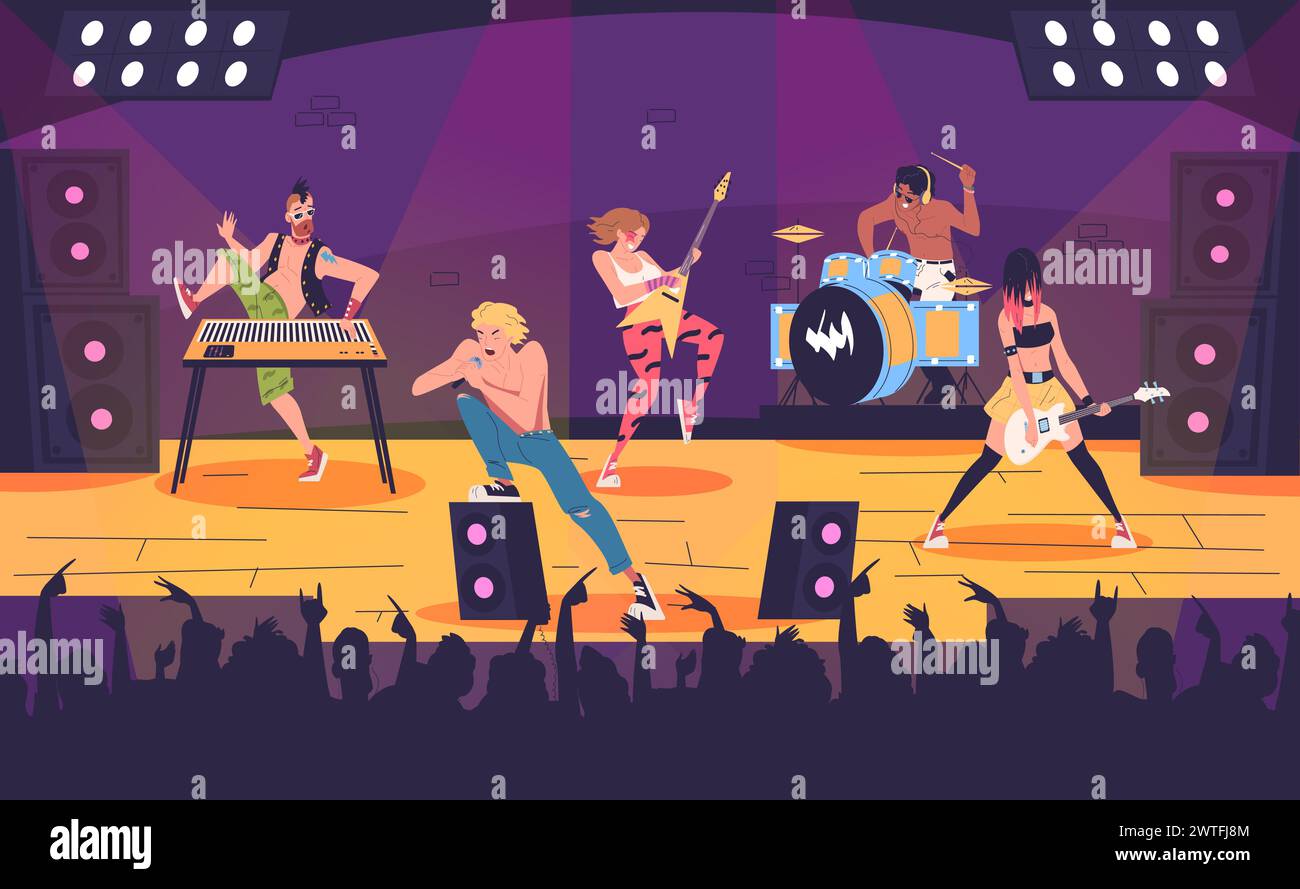 Rock band characters concert. Rocker musicians group members performing ...