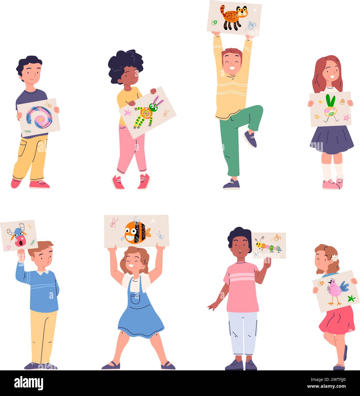 Children showing drawings. Kids painters holding paper banners or ...