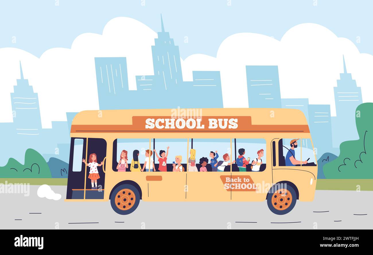 School excursion bus. Yellow schoolbus student or preschool kid ...