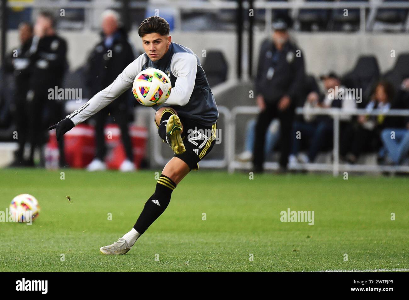 March 16, 2024: Columbus Crew forward Max Arfsten (27)takes a shot on ...