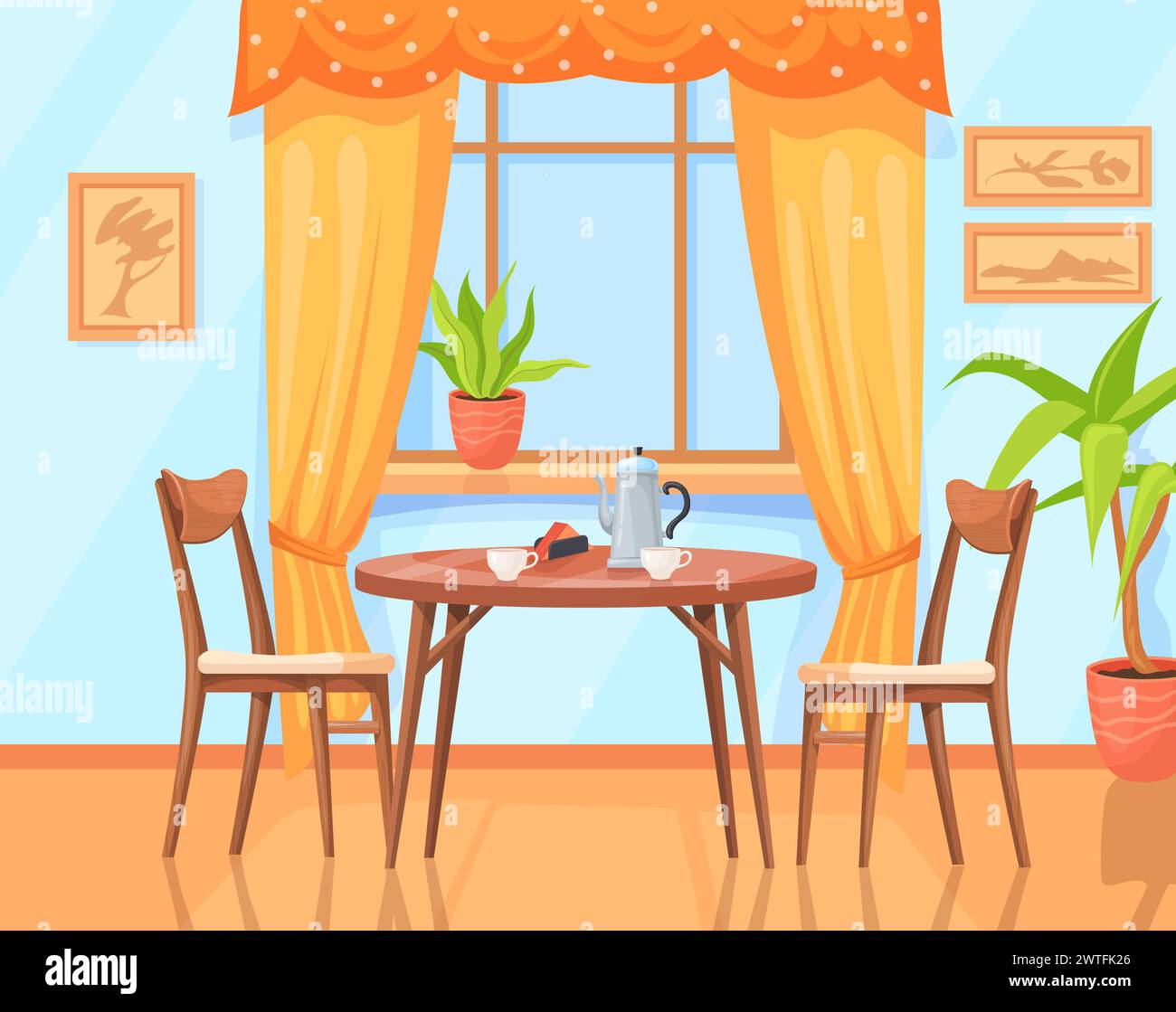 Dinning room interior. Wooden dining table and chairs restaurant ...