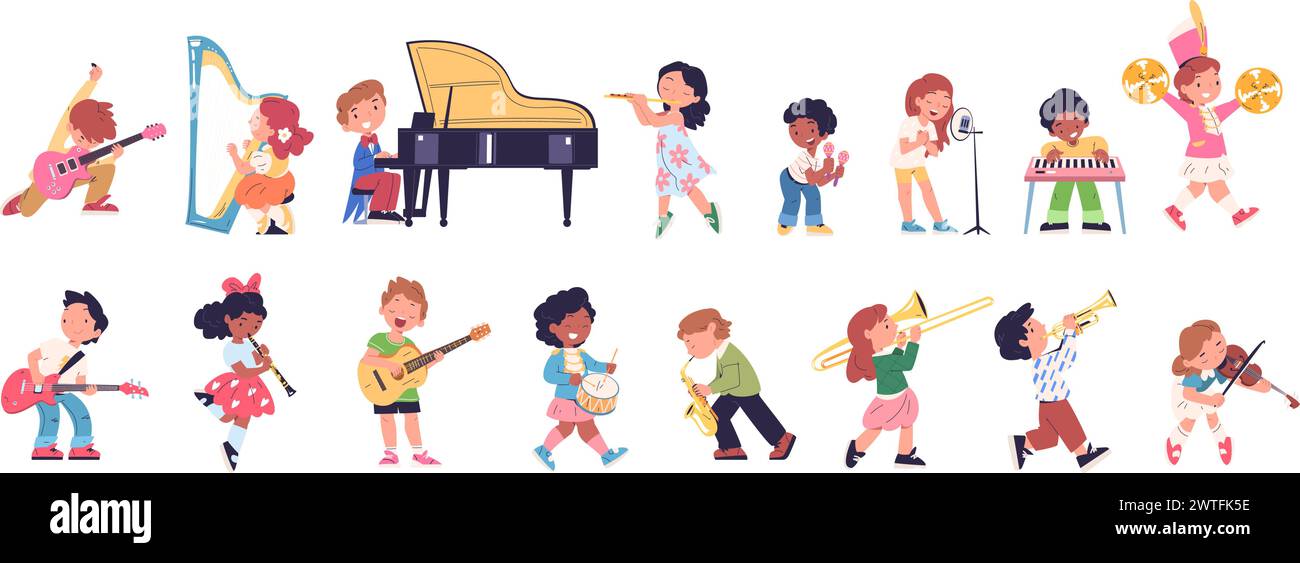 Kid musician characters. Children playing instruments, young orchestra ...