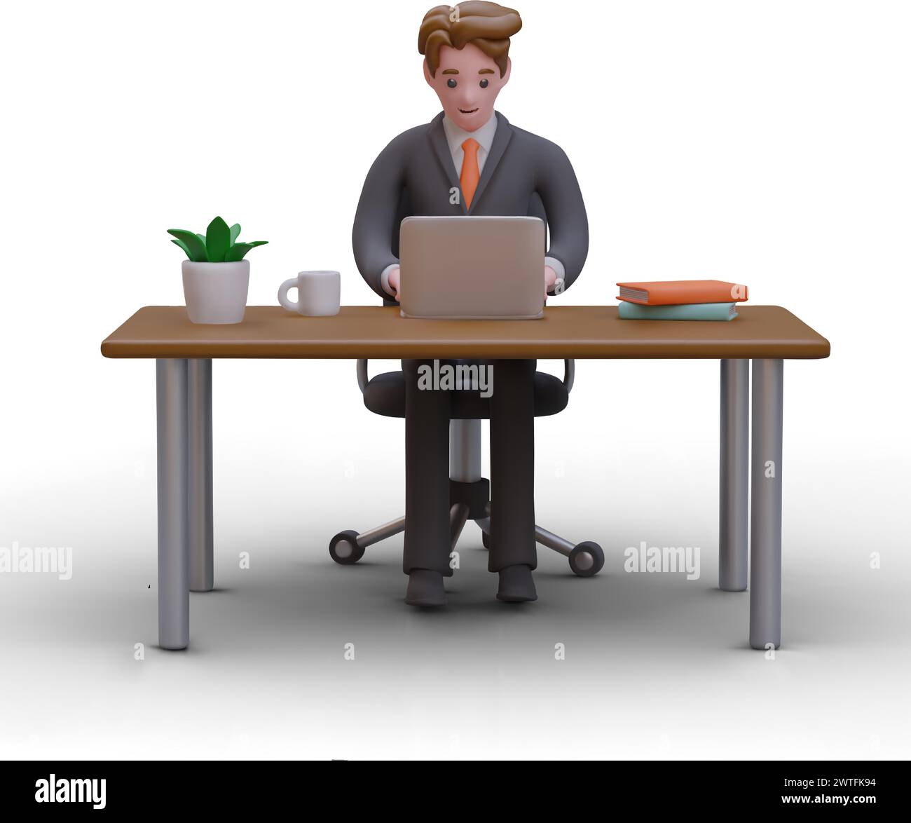 Clerk is sitting at desk, working on laptop. Office worker at workplace ...