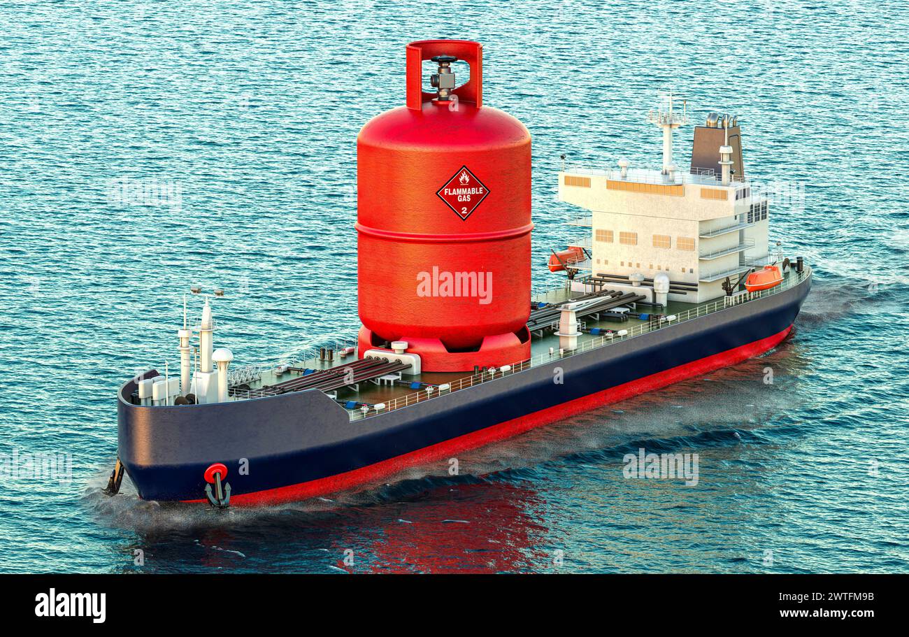 Gas carrier with propane cylinder compressed gas, sailing in ocean. 3D ...