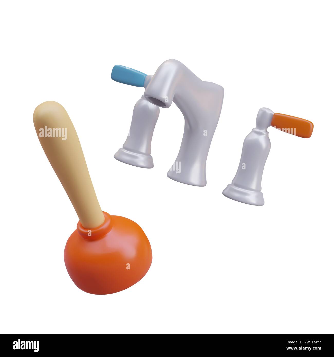 Chrome tap with water and plunger isolated on white background. Cold ...