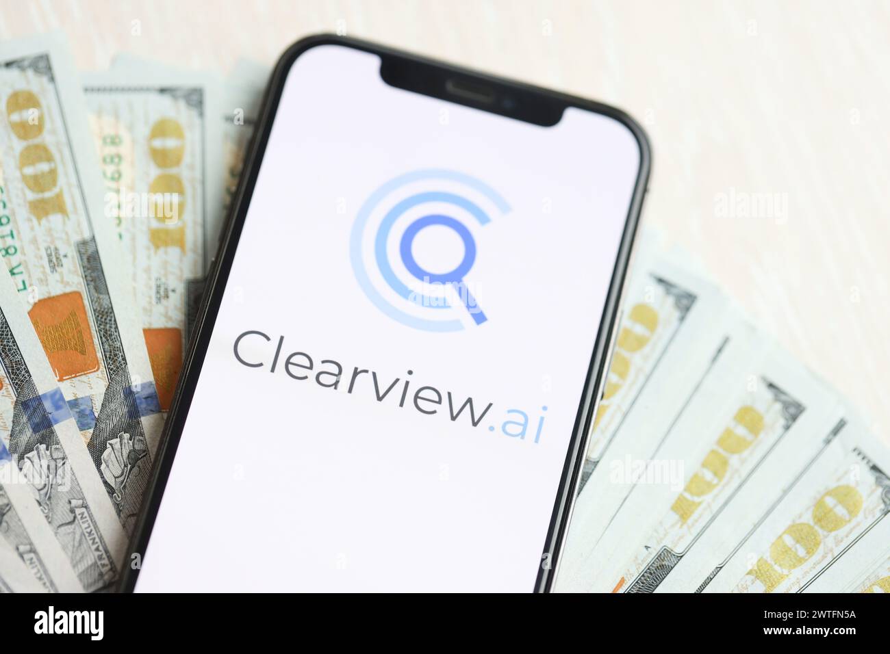 KYIV, UKRAINE - MARCH 17, 2024 ClearView logo on iPhone display screen ...