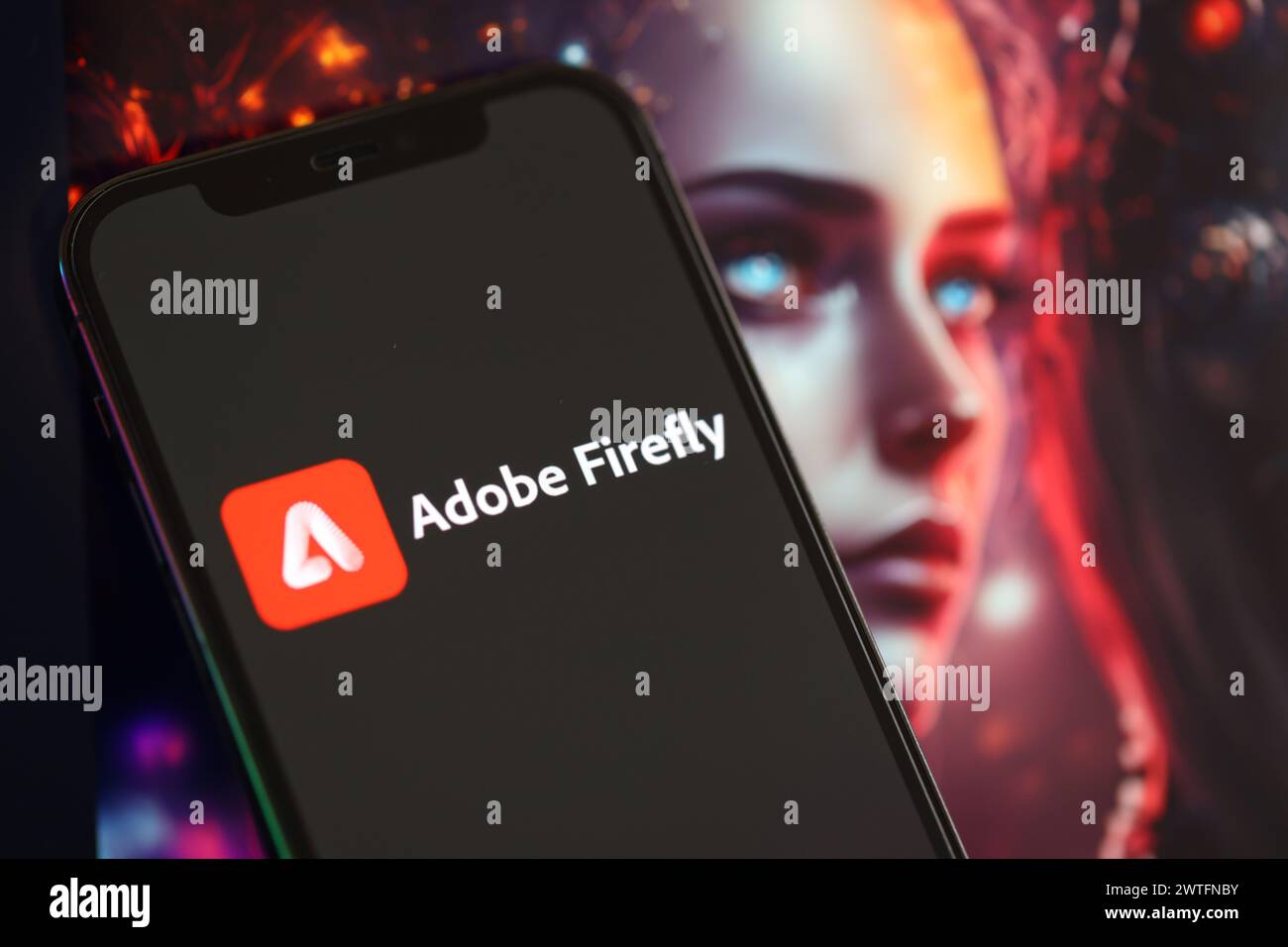 KYIV, UKRAINE - MARCH 17, 2024 Adobe Firefly logo on iPhone display screen with background of ...