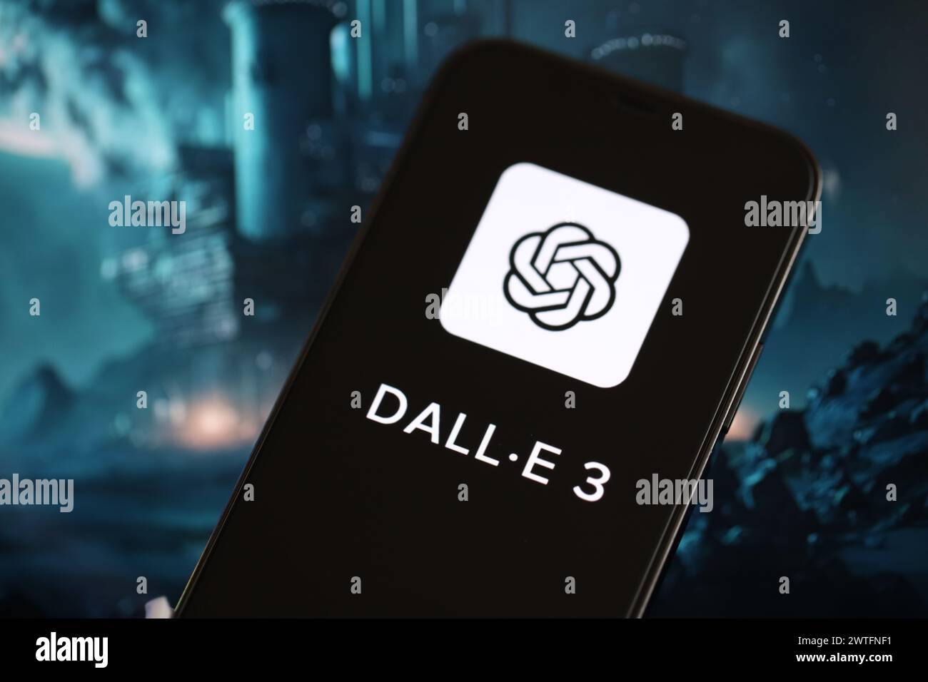 KYIV, UKRAINE - MARCH 17, 2024 Dall-E 3 logo on iPhone display screen with background of ...