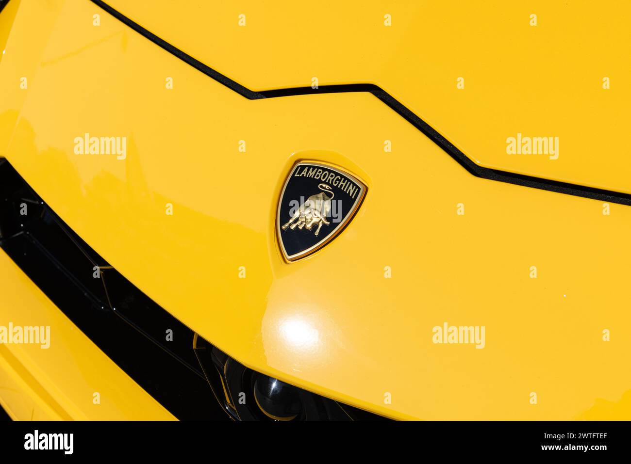 ISTANBUL, TURKEY - MARCH 15, 2024: Lamborghini logo on a yellow car ...