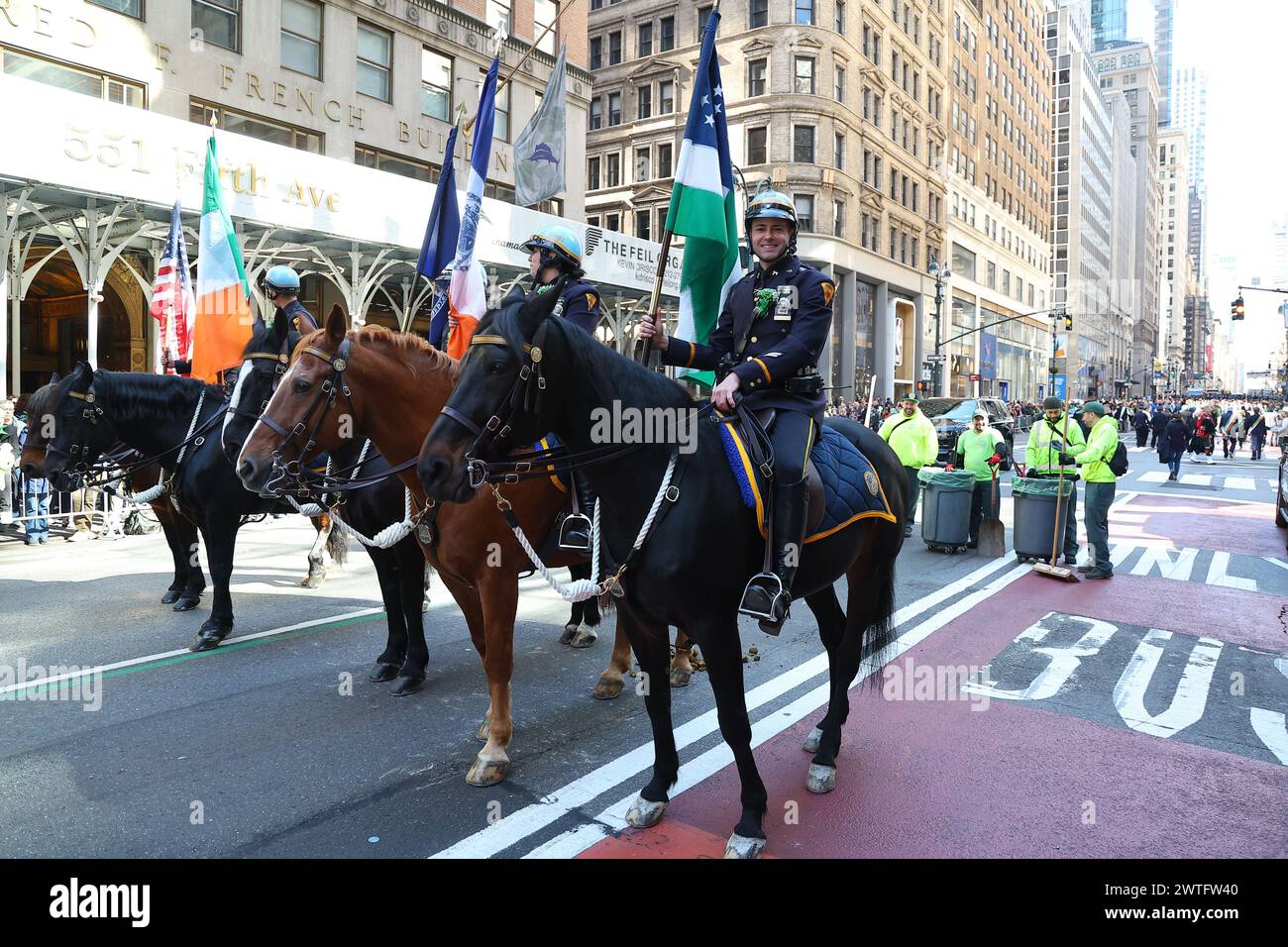 Members of the NYPD Mounted Police gets set at the beginning of the St ...
