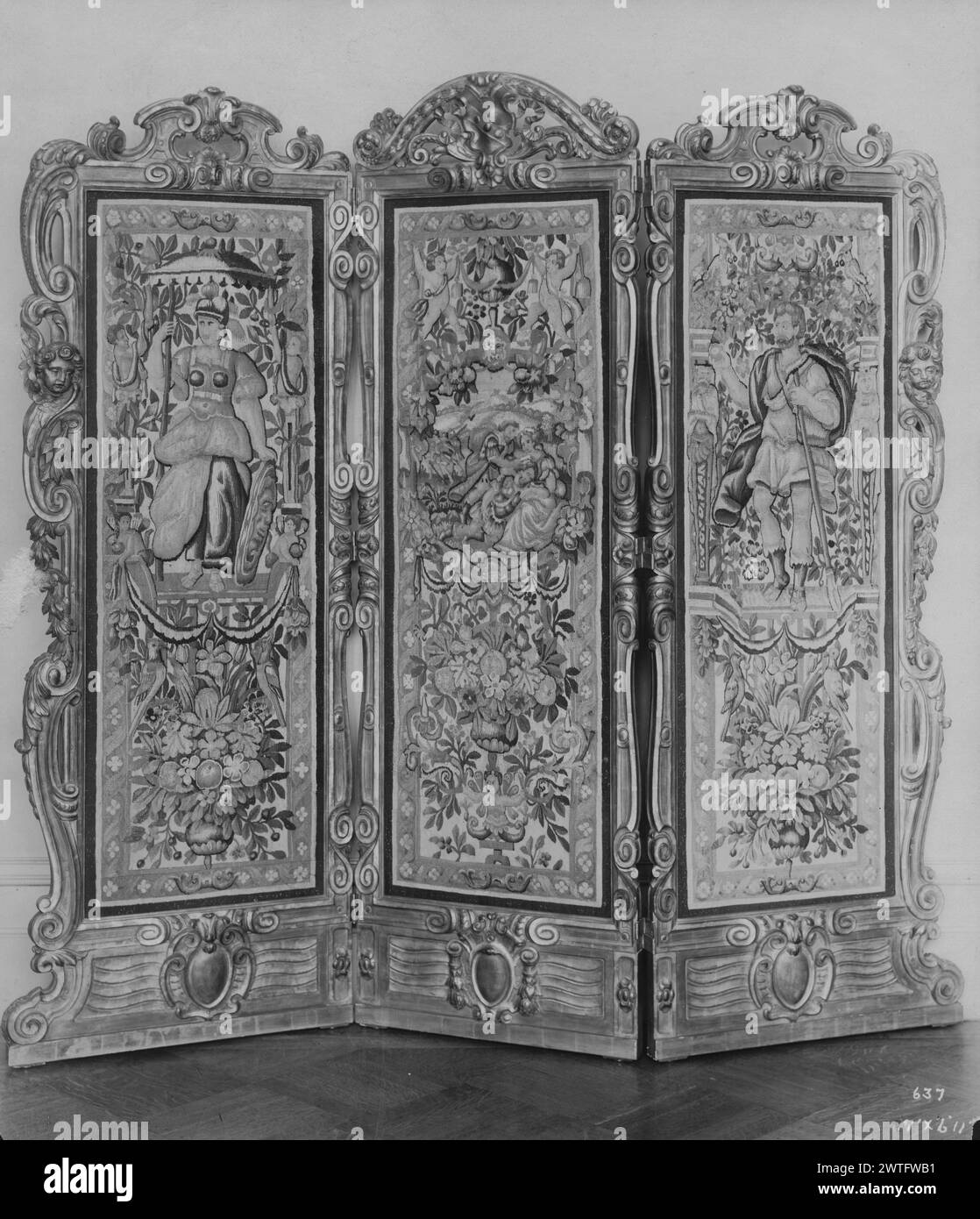 Screen with allegorical figures above flower arrangements. unknown c ...
