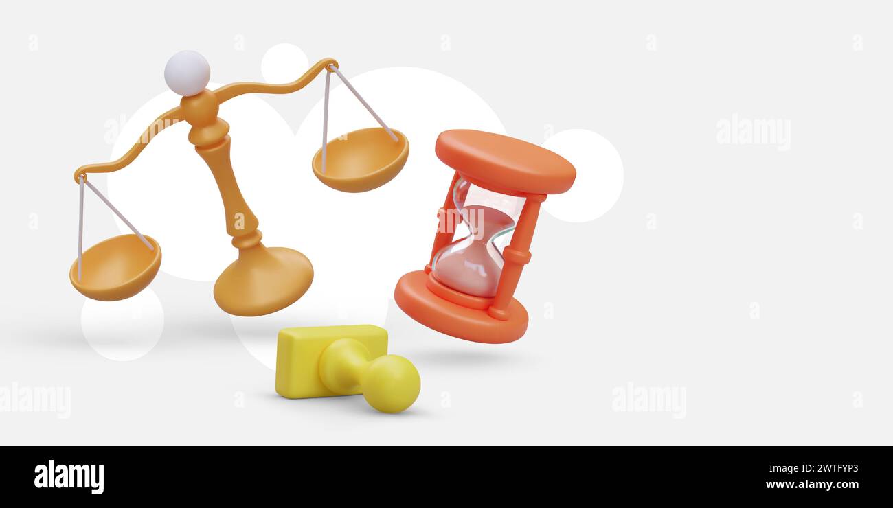 3D balancing scales, stamp, hourglass. Vector composition of floating ...