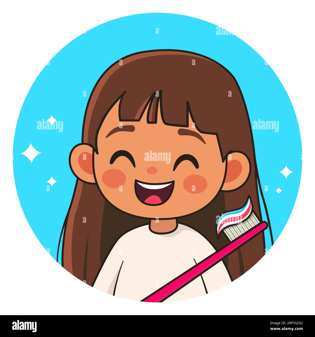 Laughing girl brushes her teeth. Childrens learning card. Poster for ...