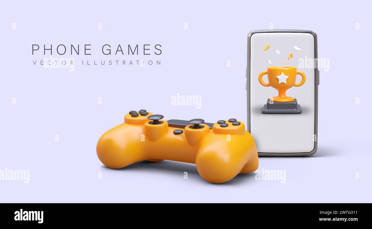 Phone games. Realistic smartphone with winner cup on screen, gamepad ...