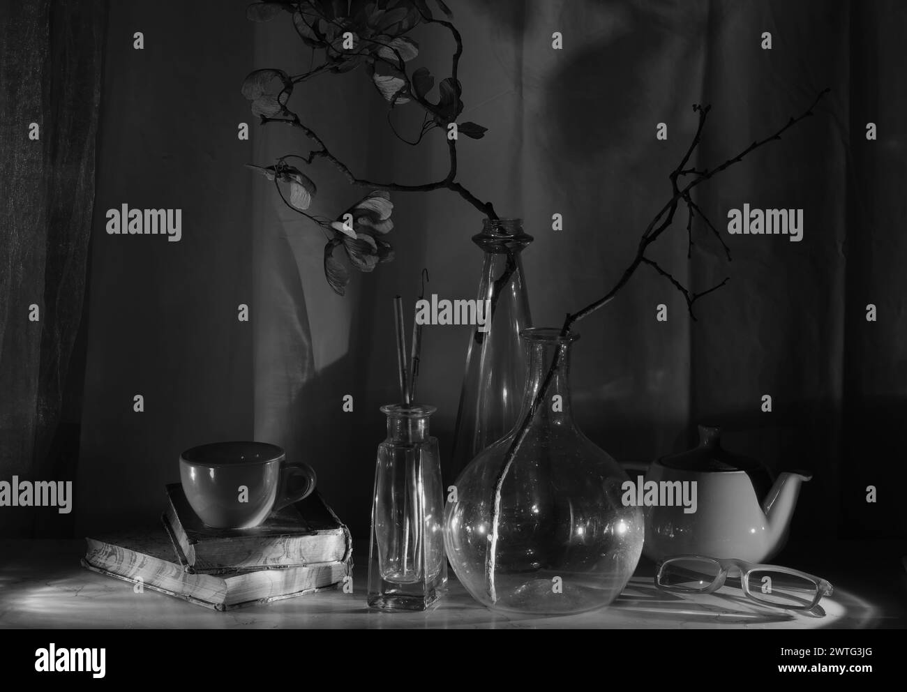 books with glass vases still life, black and white, reading, education ...