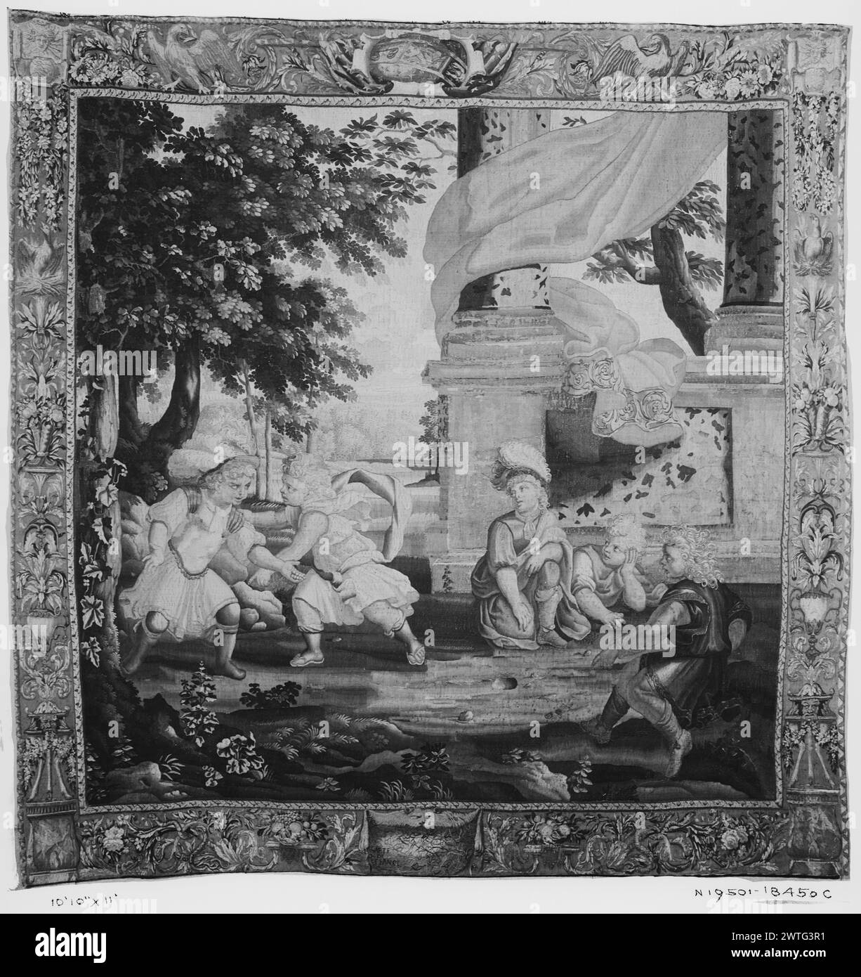 Two boys interact while three others watch them intently. unknown c ...