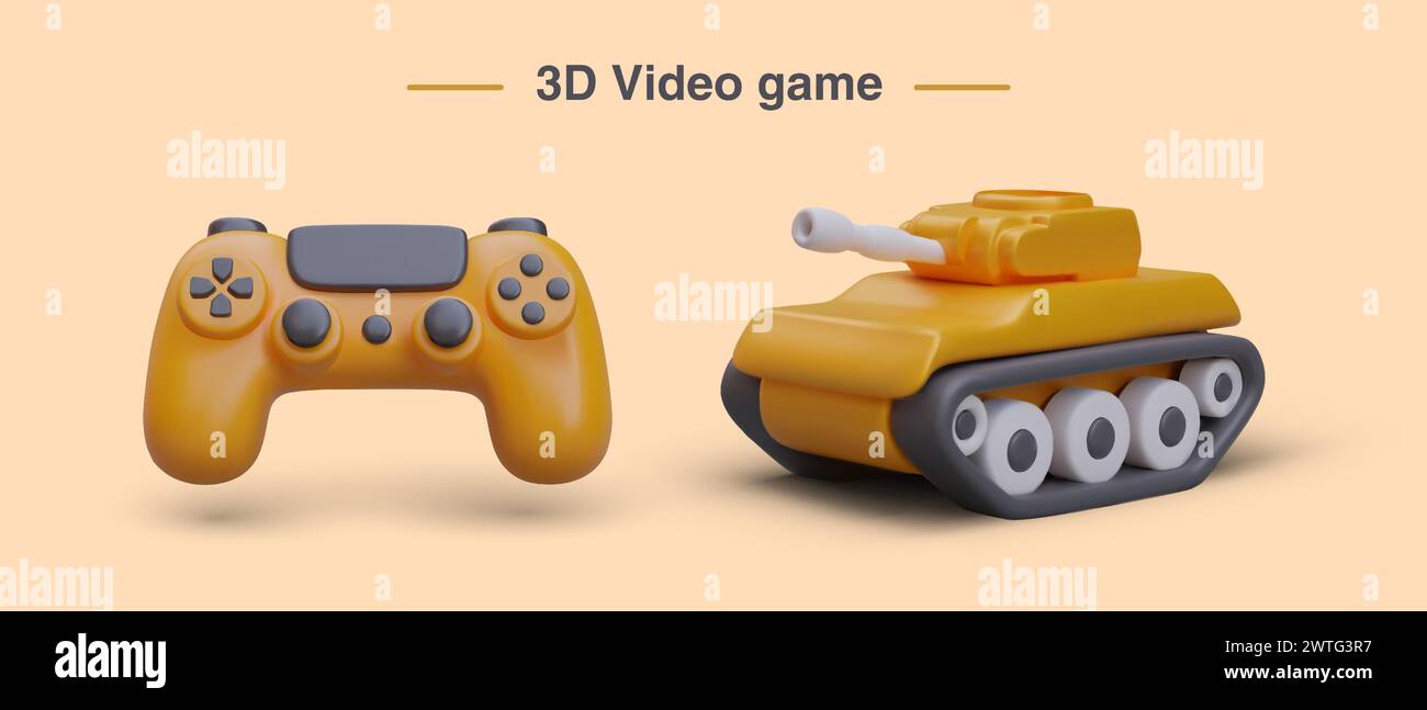 Poster with plastic game console and realistic tank. Video game with ...