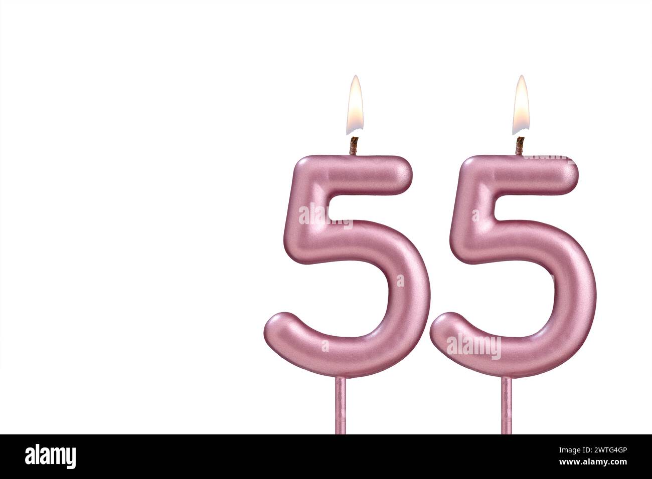 Candle number 55 - Lit birthday candle on white background Stock Photo ...