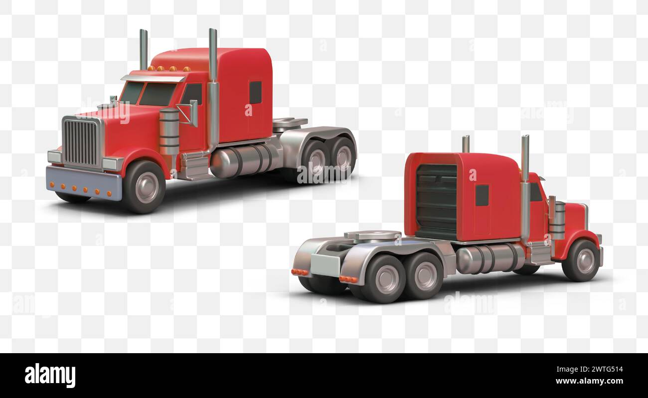 Red realistic tractor unit with long nose. Detailed textured image with highlights and shadow ...