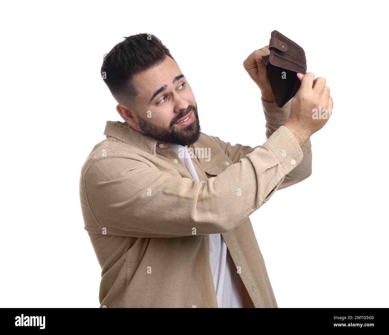 Man showing empty wallet on white background Stock Photo - Alamy