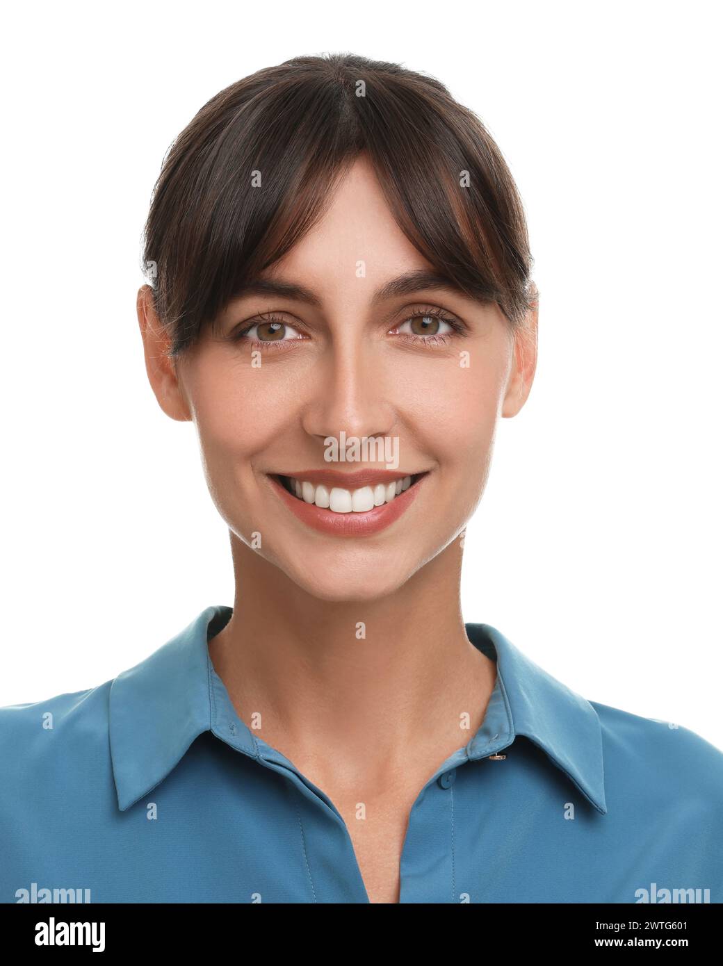 Passport photo. Portrait of woman on white background Stock Photo - Alamy