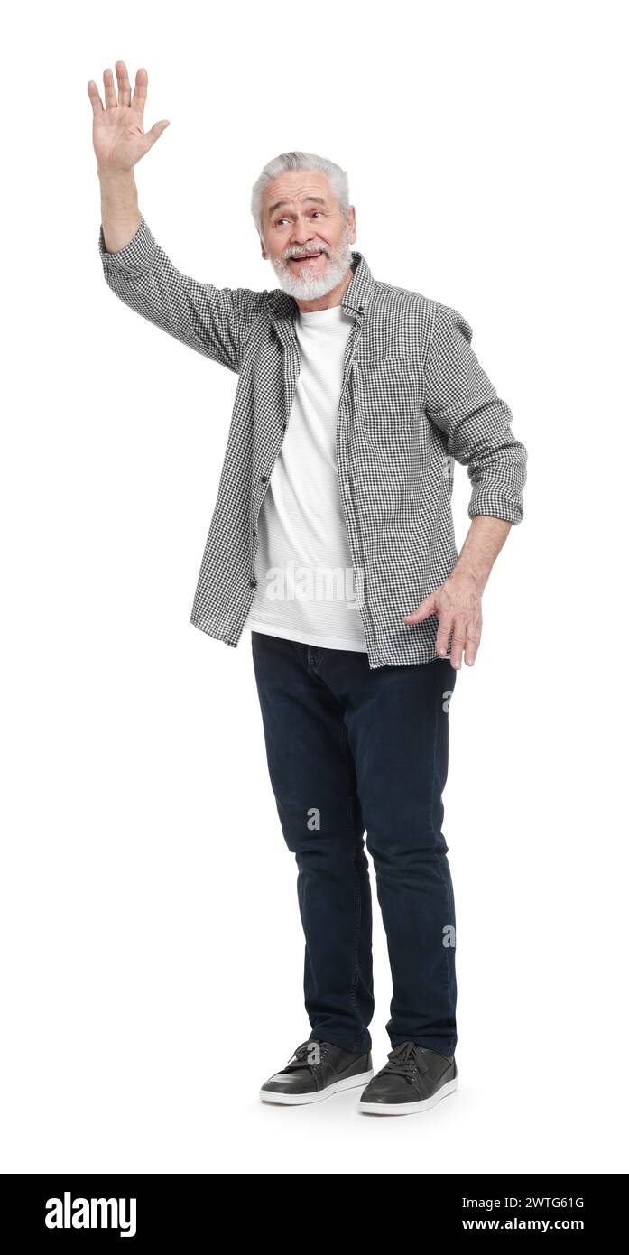 Senior man waving hand on white background Stock Photo - Alamy