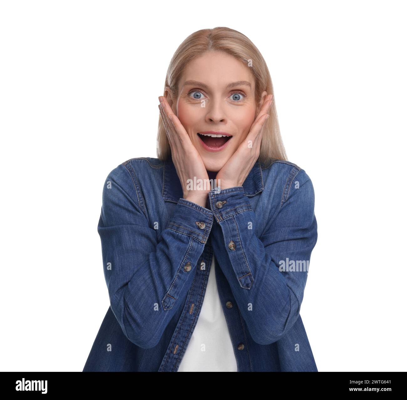 Portrait of surprised woman isolated on white Stock Photo - Alamy