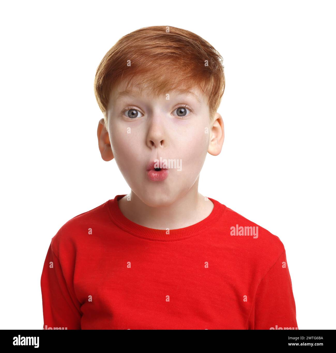 Portrait of surprised little boy on white background Stock Photo - Alamy
