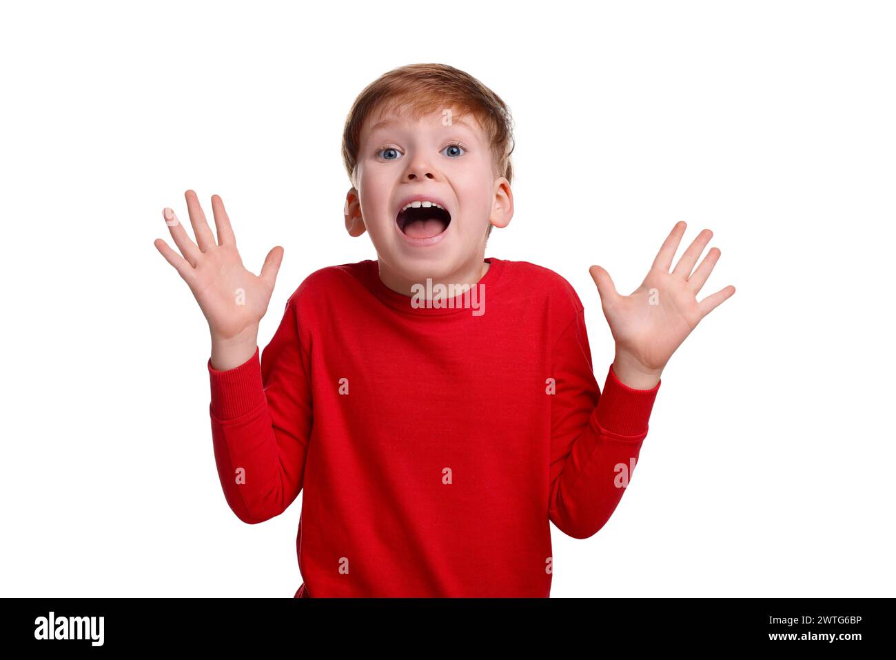 Portrait of surprised little boy on white background Stock Photo - Alamy