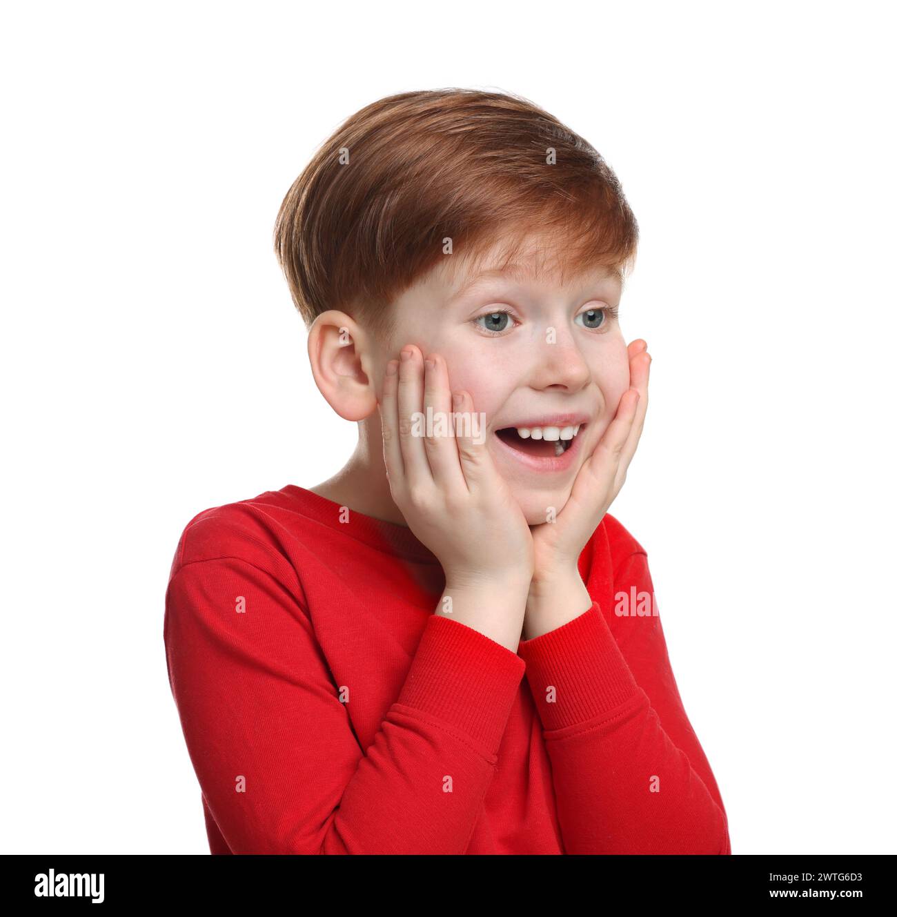 Portrait of surprised little boy on white background Stock Photo - Alamy