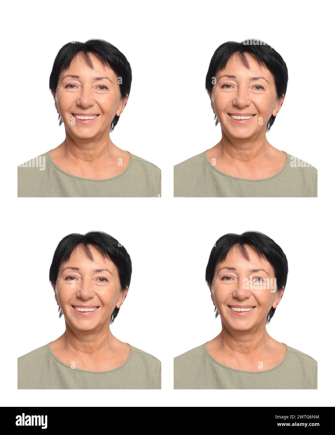 Passport photo, collage. Woman on white background, set of photos Stock ...