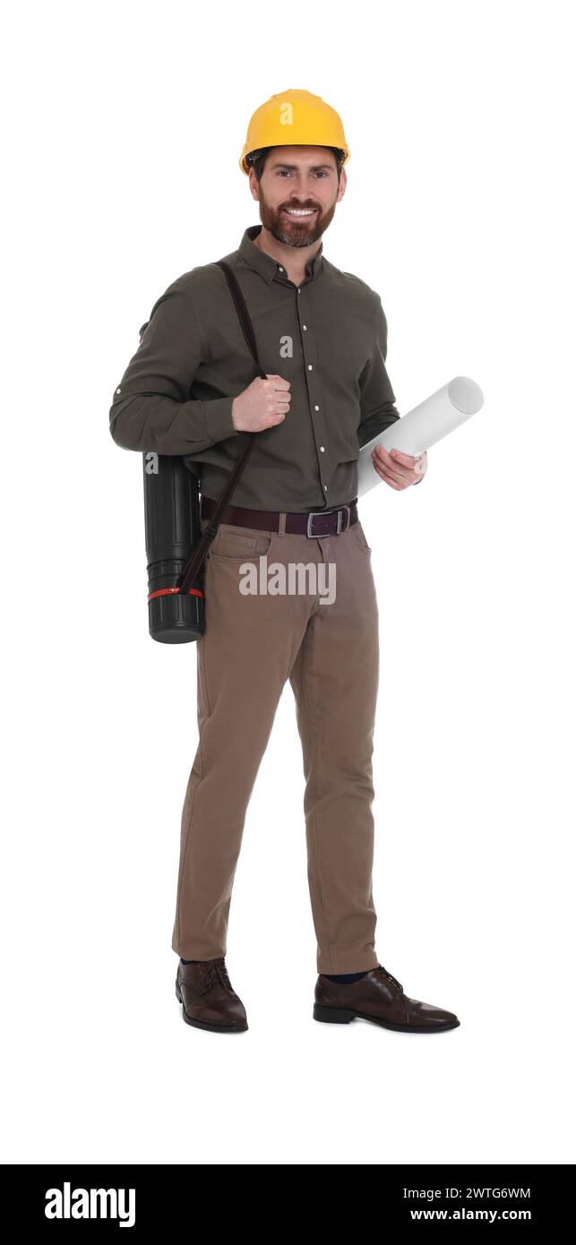 Architect in hard hat with drawing tube and draft on white background ...
