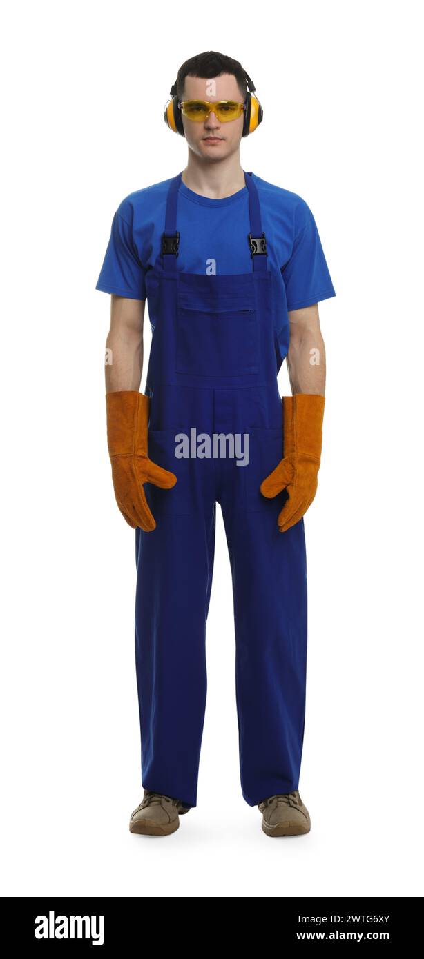 Man wearing blue helmet safety Cut Out Stock Images & Pictures - Alamy