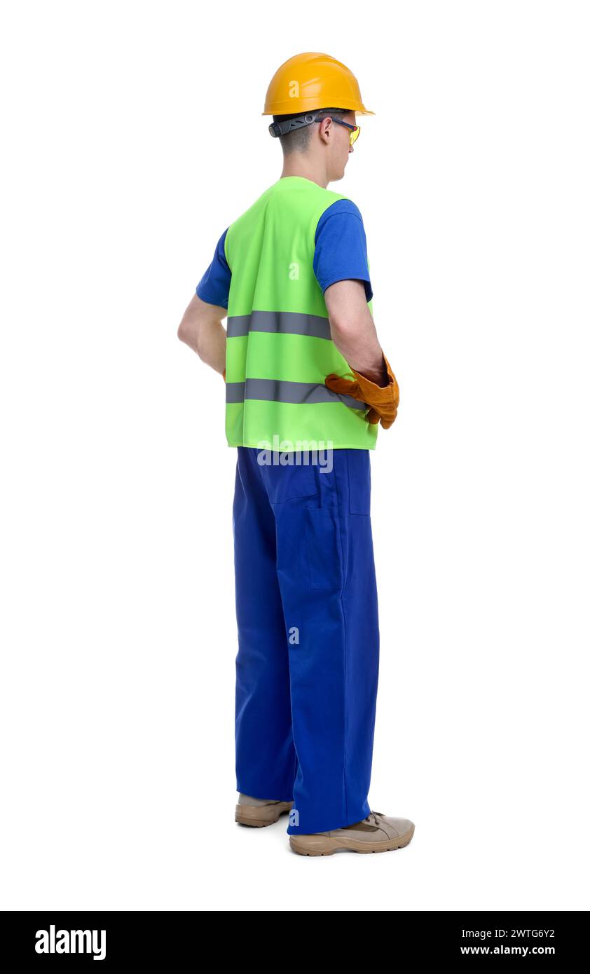 Young man wearing safety equipment on white background, back view Stock ...