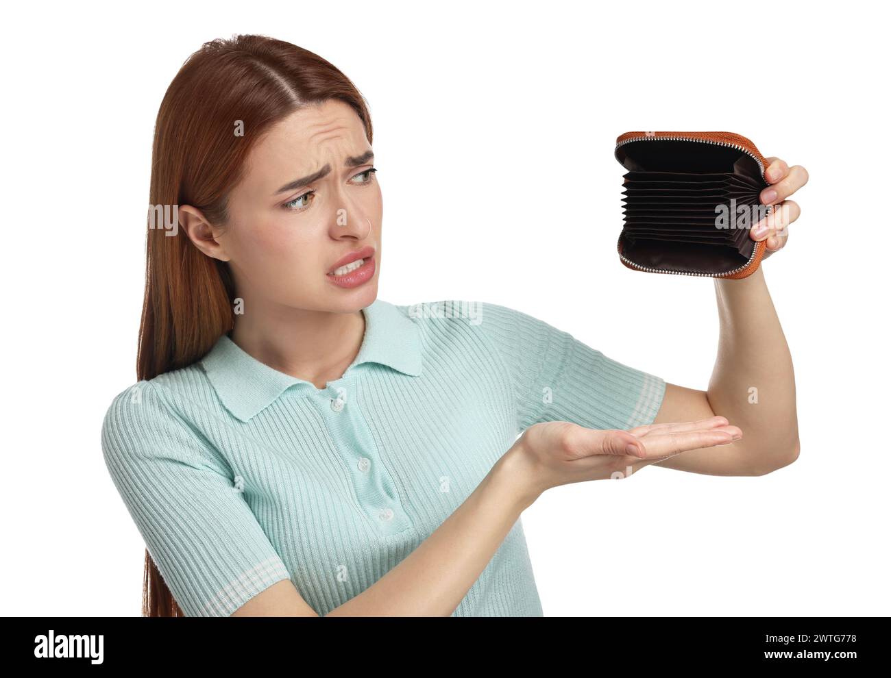 Upset woman with empty wallet on white background Stock Photo - Alamy