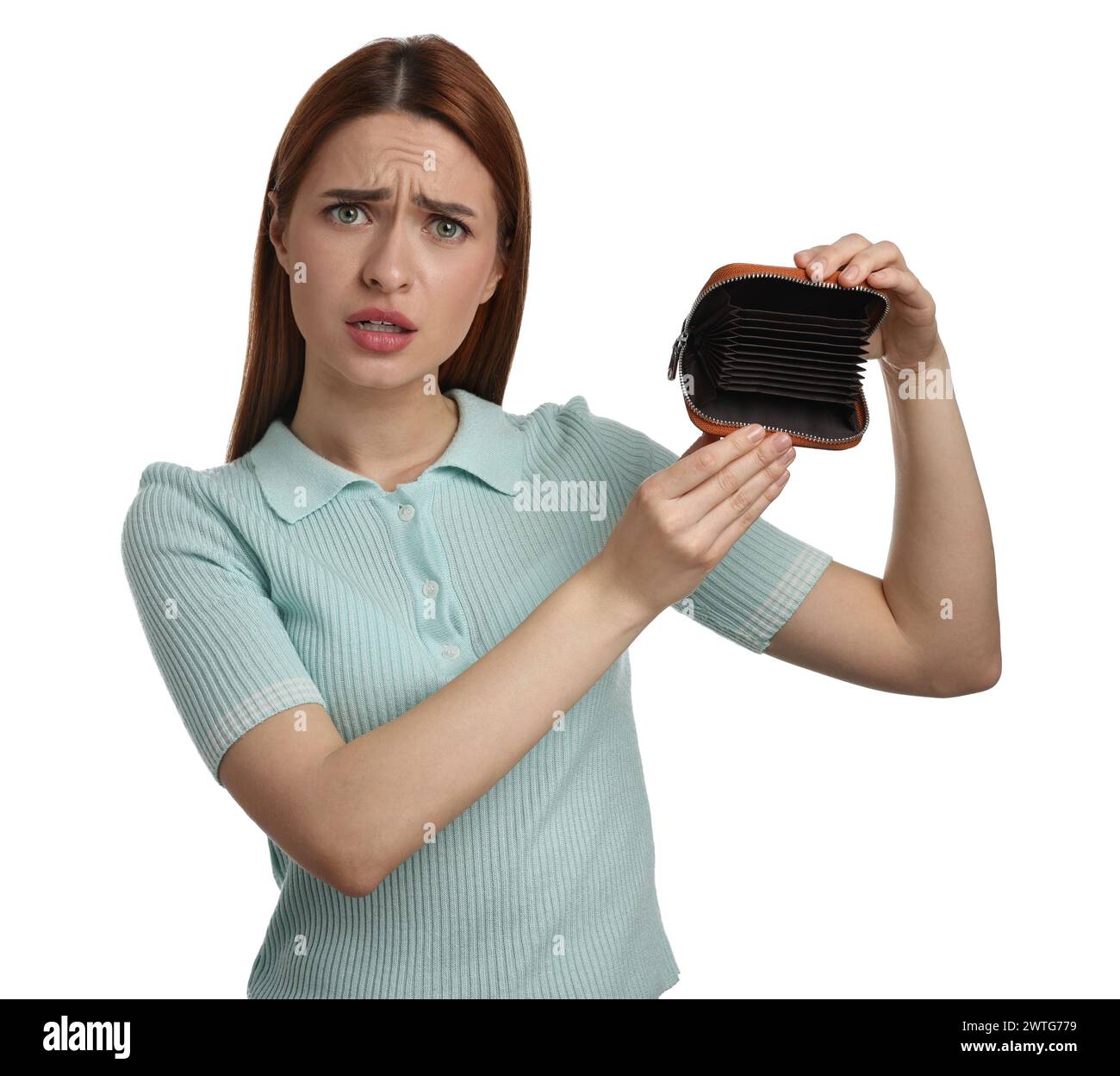 Confused woman with empty wallet on white background Stock Photo - Alamy