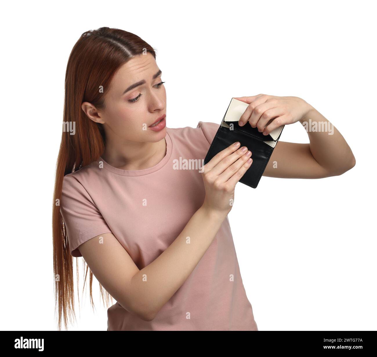 Upset woman with empty wallet on white background Stock Photo - Alamy
