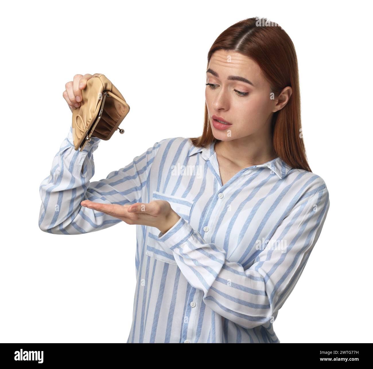 Upset woman with empty wallet on white background Stock Photo - Alamy