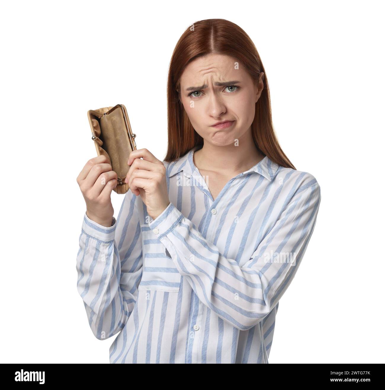 Upset woman with empty wallet on white background Stock Photo - Alamy