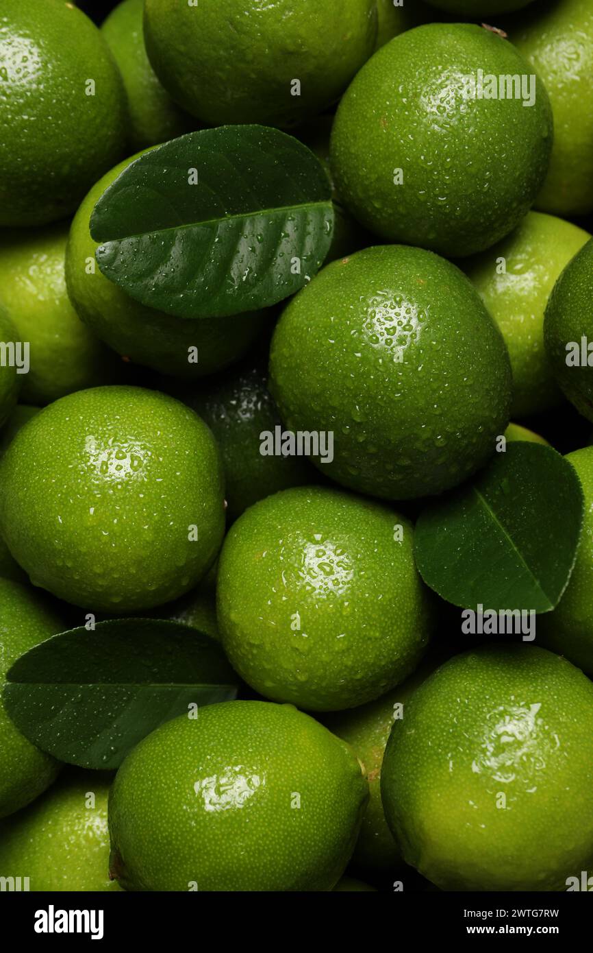 Fresh ripe limes and leaves with water drops as background, top view ...