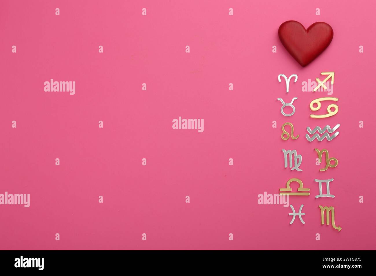 Zodiac compatibility. Signs with red heart on pink background, flat lay ...