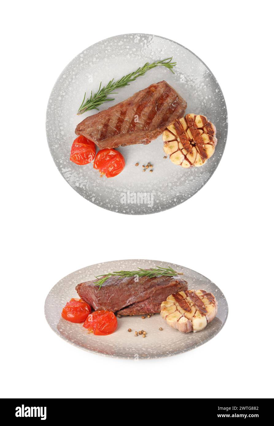 Delicious grilled beef steak with tomato and spices, top and side views ...