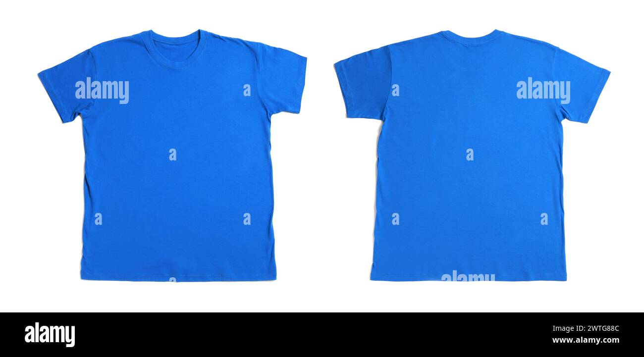 Blue t-shirt with space for design isolated on white. Back and front ...