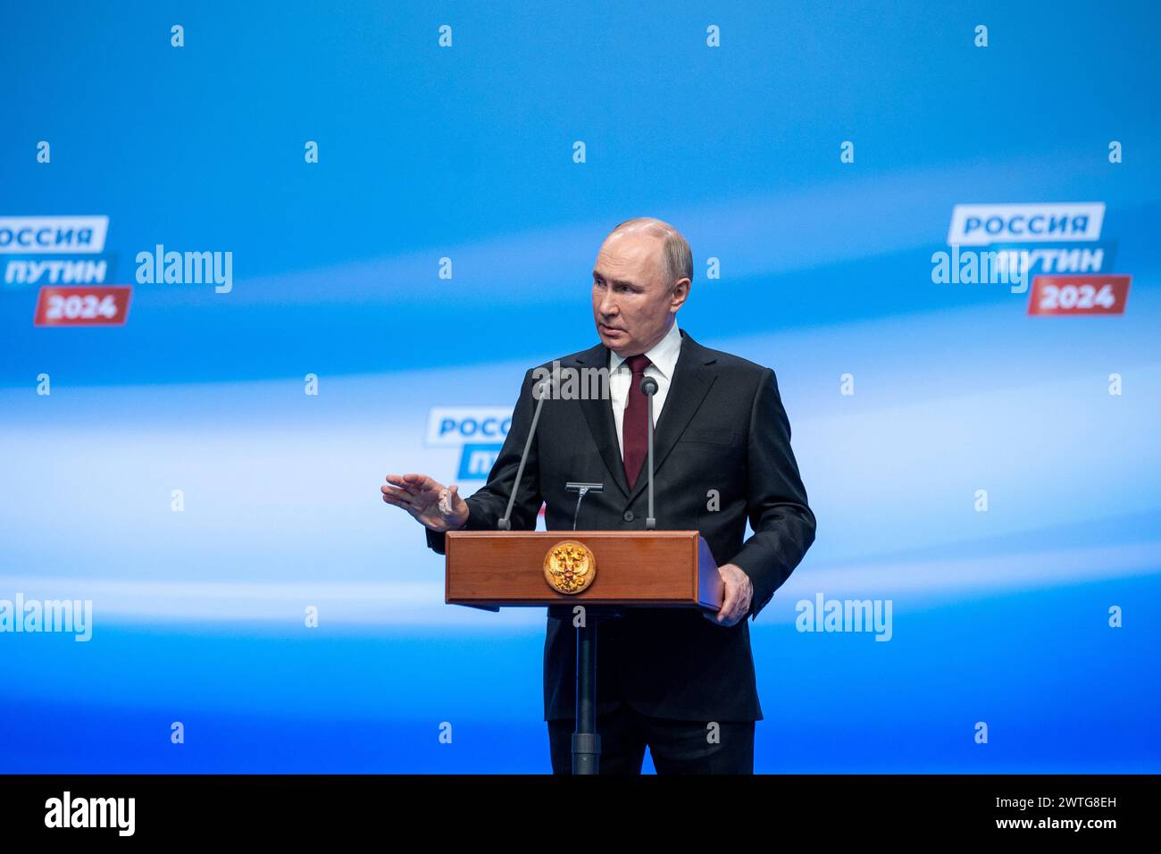 Moscow, Russia. 18th Mar, 2024. Vladimir Putin meets the press at his ...