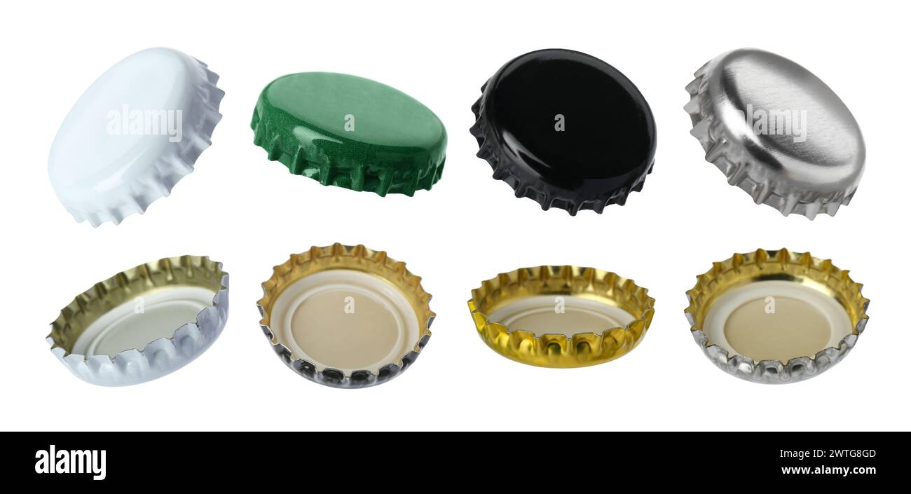 Different beer bottle caps isolated on white, set Stock Photo - Alamy