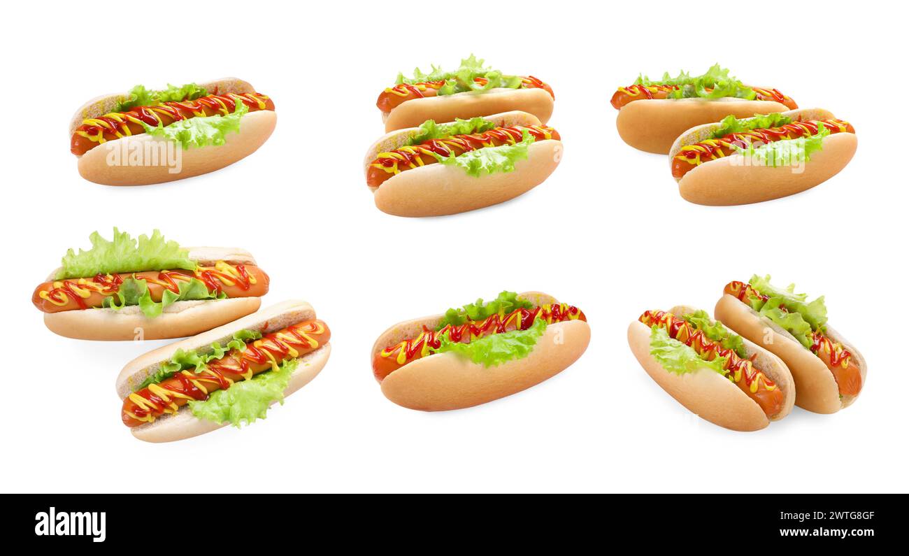 Tasty hot dogs with lettuce, ketchup and mustard isolated on white, set ...