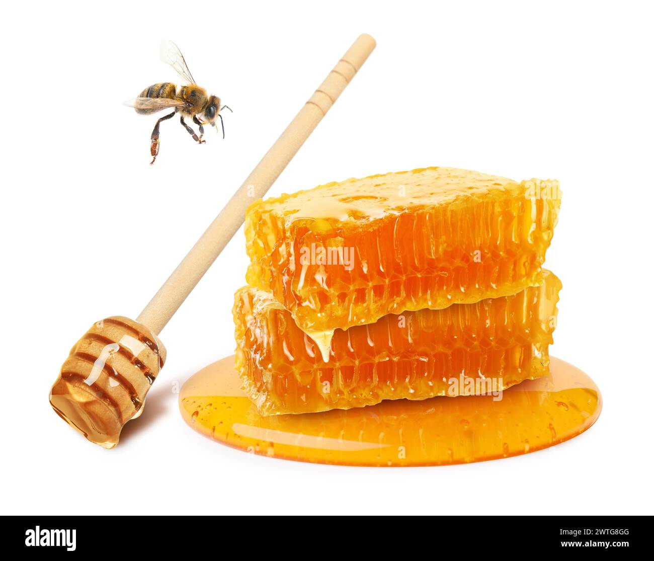 Tasty honeycombs, dipper and bee on white background Stock Photo - Alamy