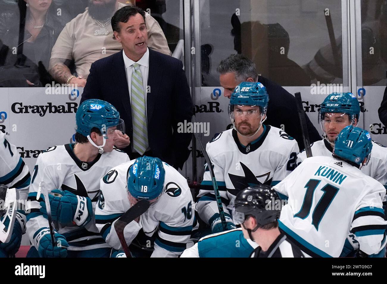 San Jose Sharks head coach David Quinn, top, reacts to a call during ...