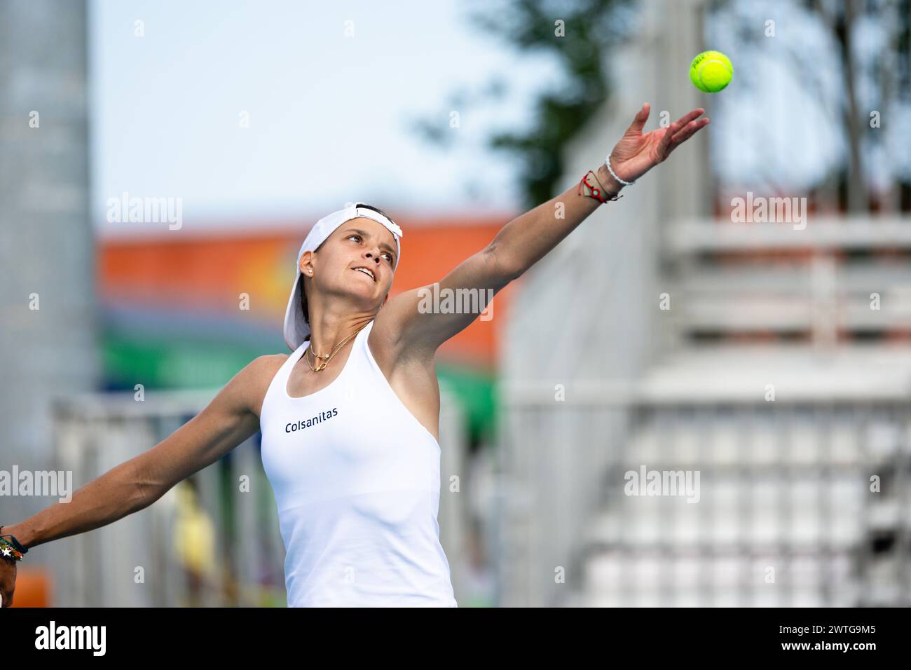 MIAMI GARDENS, FLORIDA - MARCH 17: Emiliana Arango of Colombia serves ...